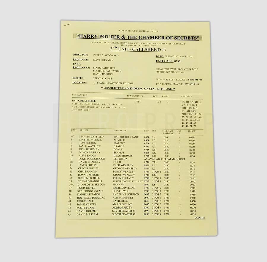 Harry Potter and the Chamber of Secrets – 2nd Unit Call Sheet ...