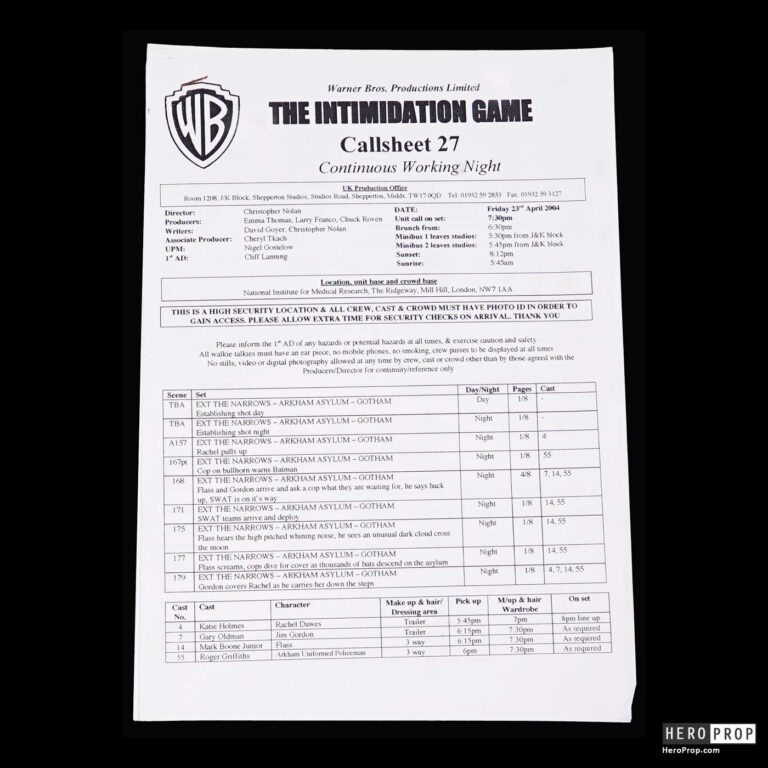 Batman Begins - “The Intimidation Game” Call Sheet - HeroProp.com