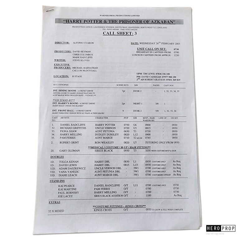 Harry Potter & The-Prisoner of Azkaban Production Call Sheet – HeroProp.com