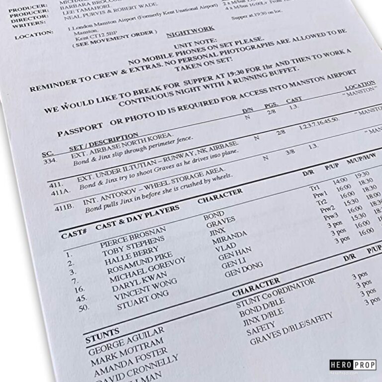 James Bond 007 Die Another Day - Production Call Sheet 77 - HeroProp.com