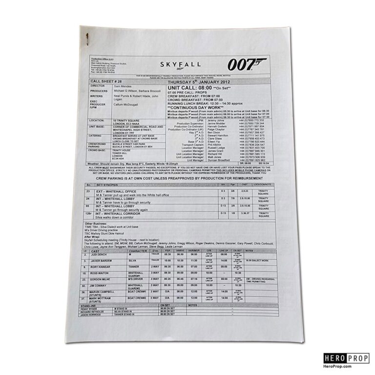 James Bond 007 Skyfall - Production Call Sheet #28 - HeroProp.com