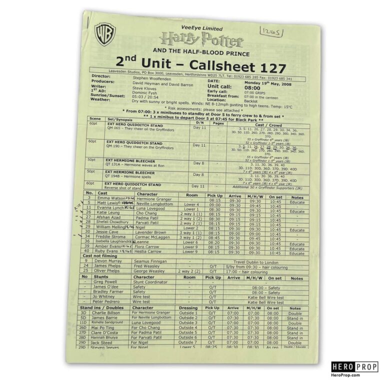 Harry Potter & The Half Blood Prince - 2nd Unit Callsheet #127 ...