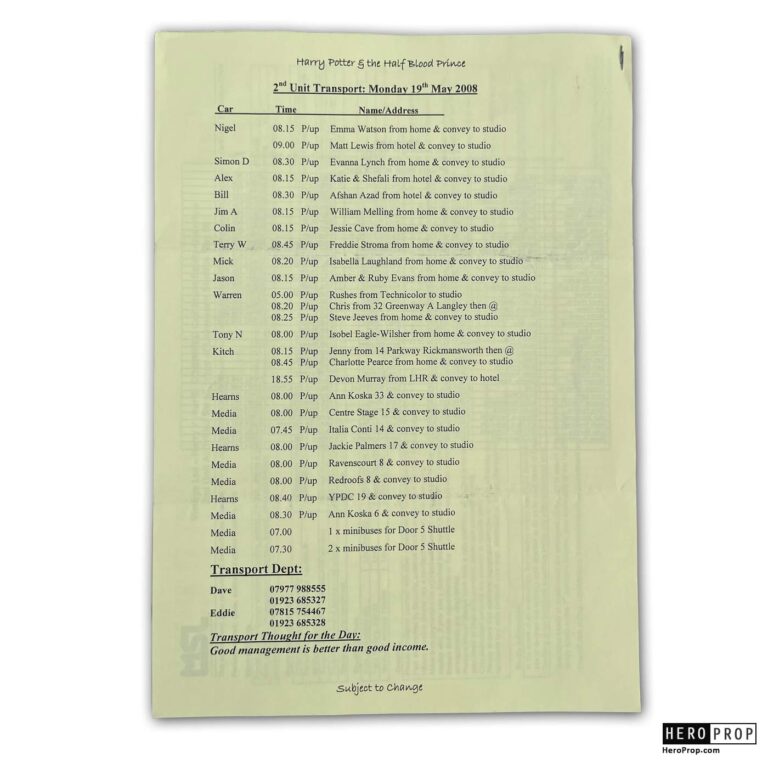 Harry Potter & The Half Blood Prince – 2nd Unit Callsheet #127 ...