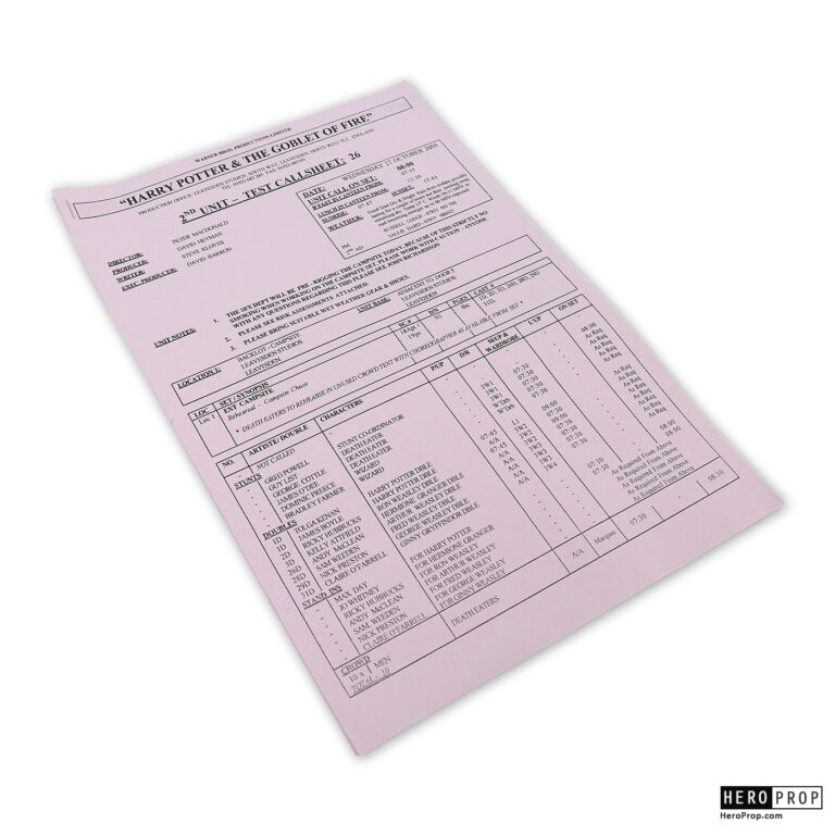 Harry Potter & The Goblet Of Fire – 2nd Unit Test Callsheet – HeroProp.com