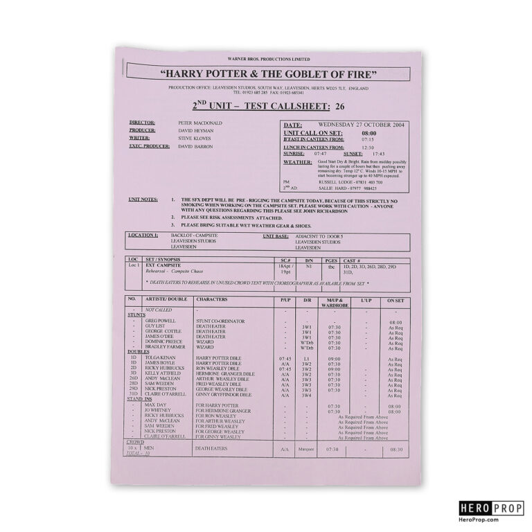 Harry Potter & The Goblet Of Fire – 2nd Unit Test Callsheet – HeroProp.com